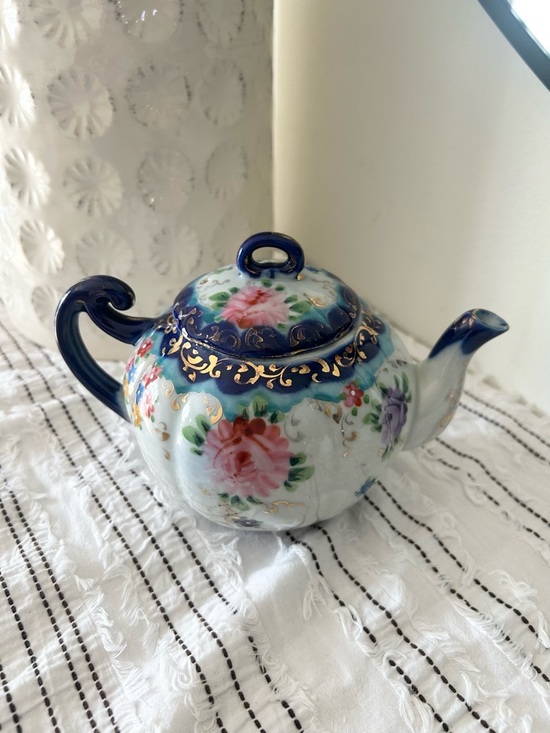 Vintage | Dining | Vintage Hand Painted Floral Teapot Cobalt Blue Gold ...